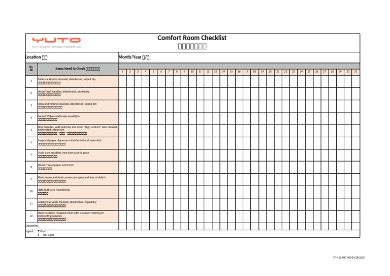 Comfort Room Cleaning Checklist | PDF