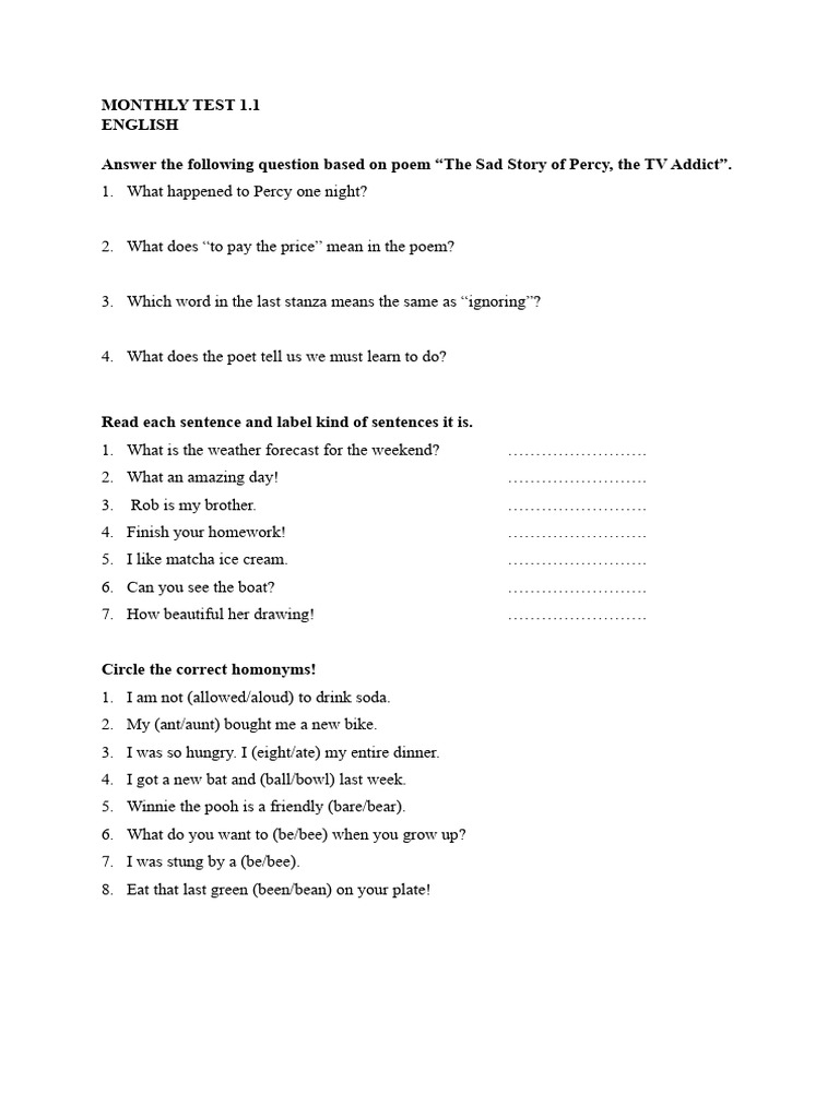 Monthly English Test: Poetry & Sentences | PDF