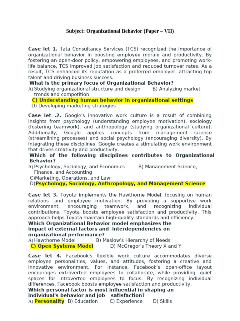 Sample Q Organizational Behavior | PDF | Attitude (Psychology ...