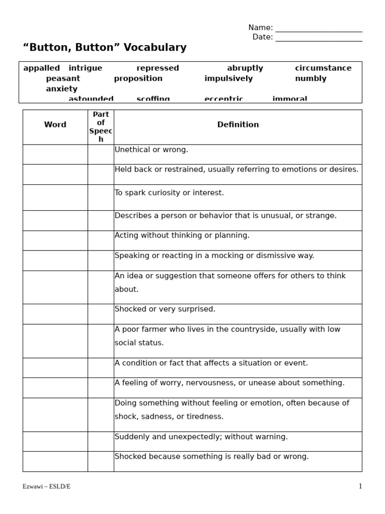 "Button, Button" Vocabulary Guide | PDF | Adverb | Adjective