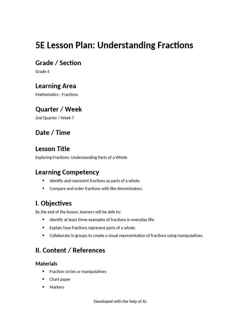 Grade 4 Fractions Lesson Plan | PDF | Lesson Plan | Behavior Modification