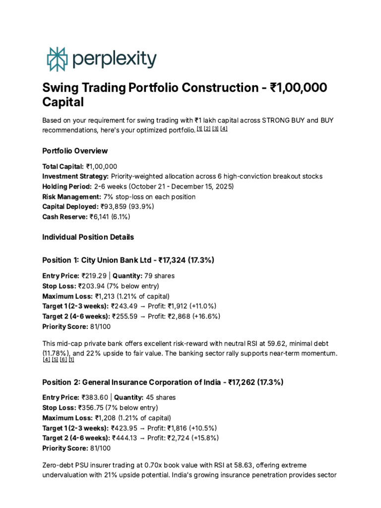 Swing Trading Portfolio Construction - 1,00,000 C | PDF | Financial ...