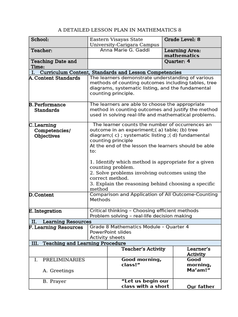 Grade 8 Math Lesson Plan: Counting Methods | PDF | Learning | Lesson Plan