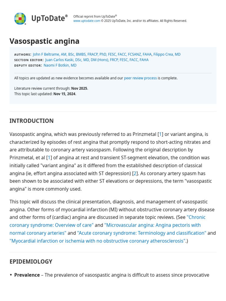 Understanding Vasospastic Angina | PDF | Coronary Artery Disease ...