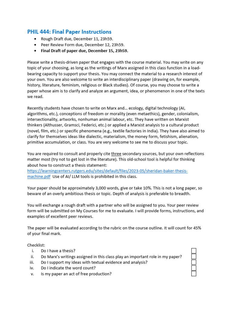 Final Paper Instructions F25 | PDF | Karl Marx | Liberal Arts Education