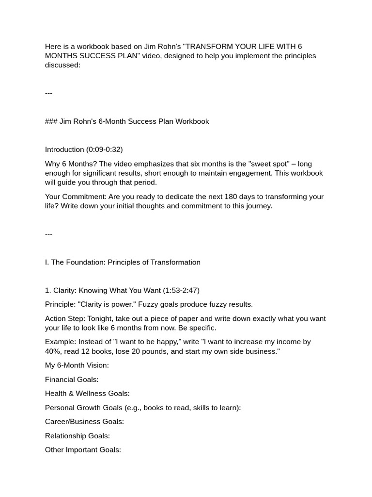 Jim Rohn's 6-Month Success Workbook | PDF | Gratitude | Social Psychology