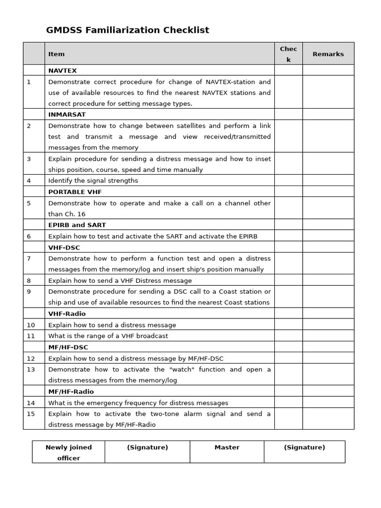GMDSS Familiarization Checklist | PDF