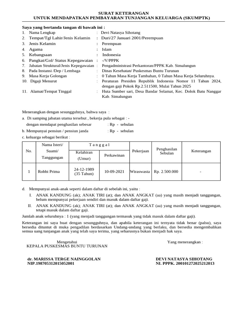 Surat Keterangan Tunjangan Keluarga | PDF