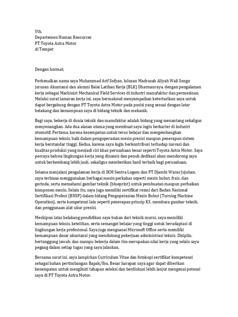 Surat Lamaran Muhammad Arif Sofyan Toyota Astra Motor | PDF