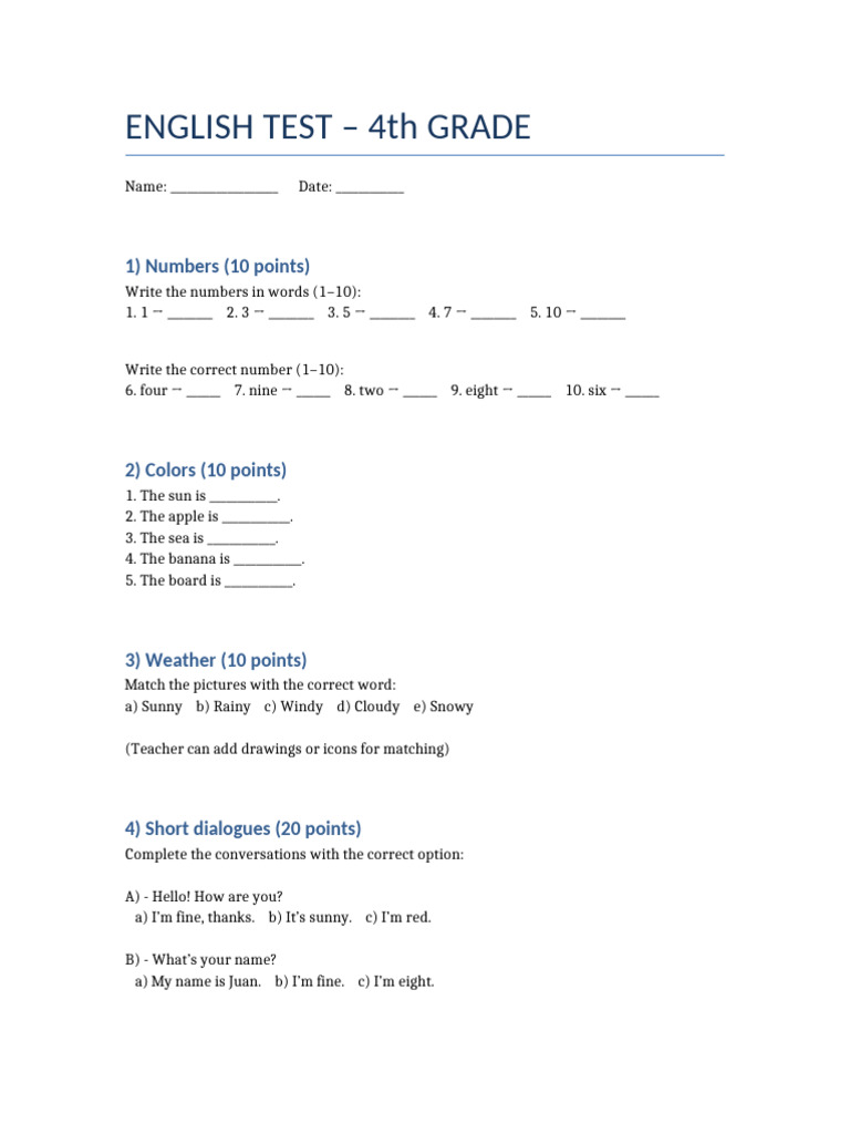 4th Grade English Test: Numbers, Colors, Weather | PDF
