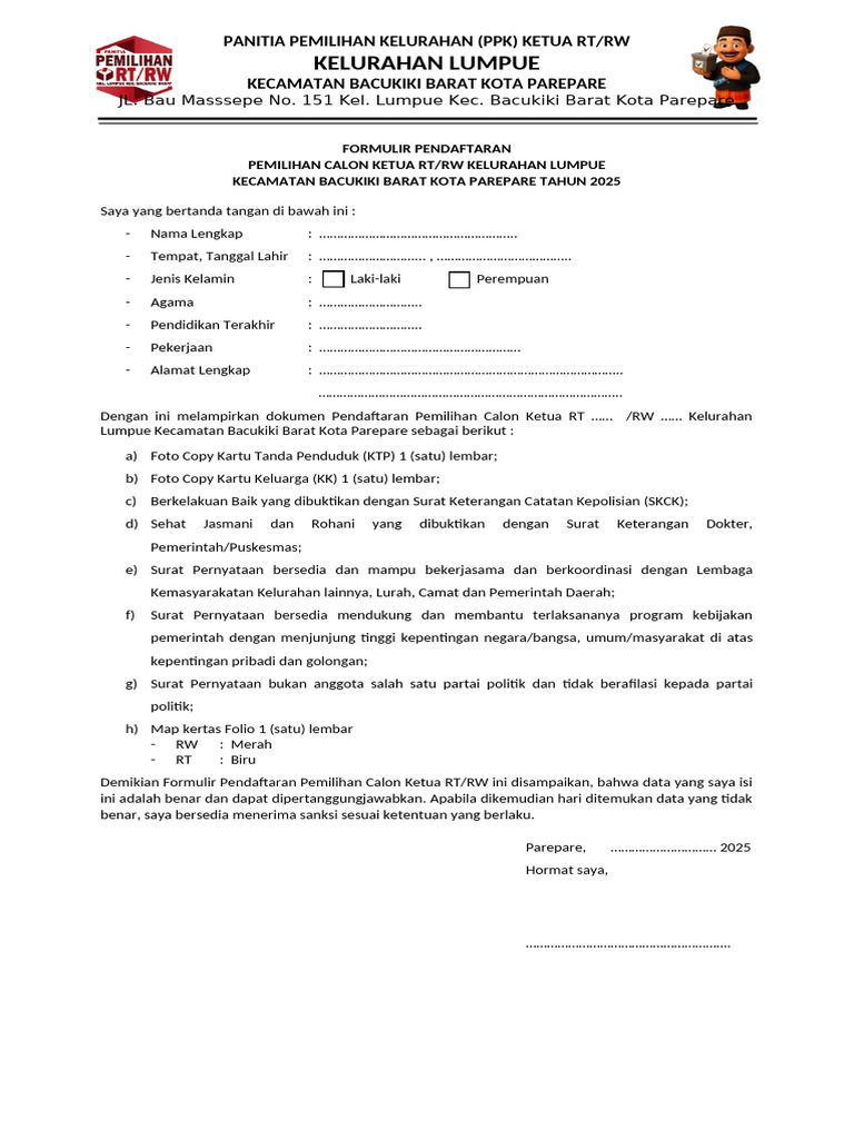 FORMULIR PENDAFTARAN Calon Ketua RT Dan RW | PDF