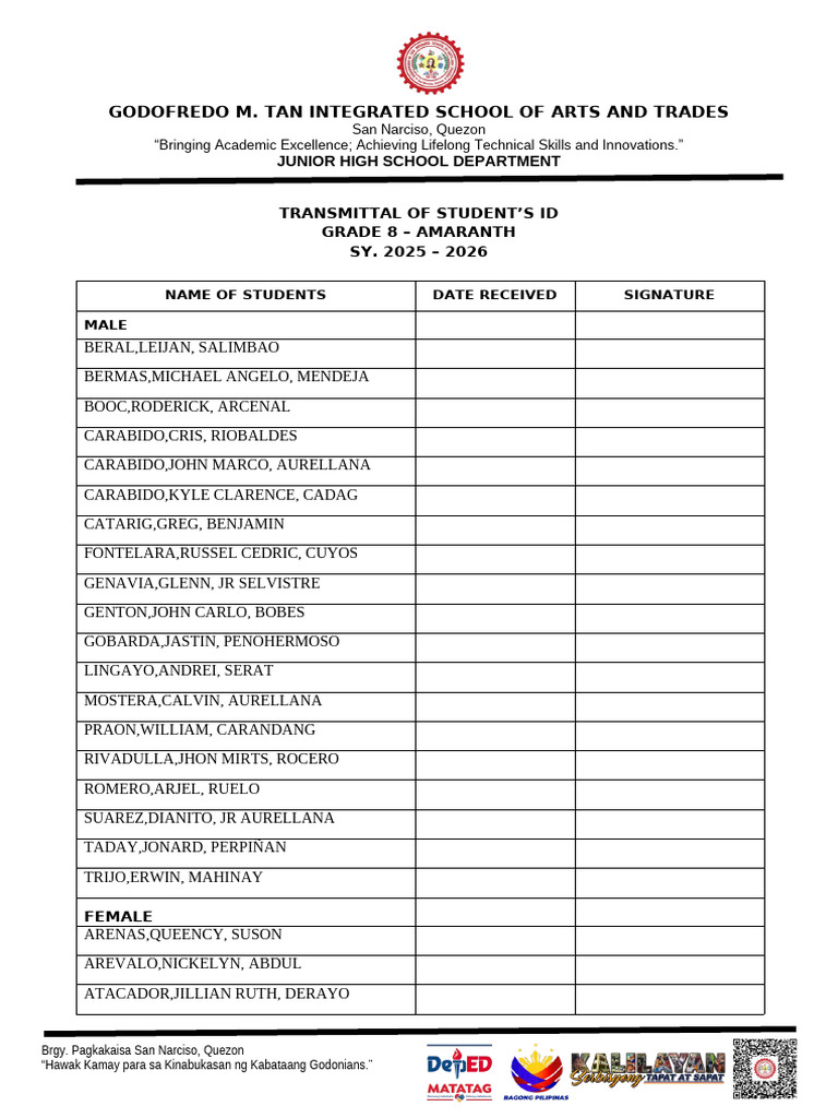 Grade 8 Student ID Transmittal Form | PDF