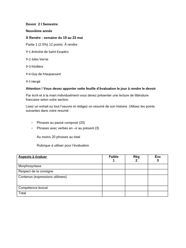Devoir de littérature française 9e année | PDF
