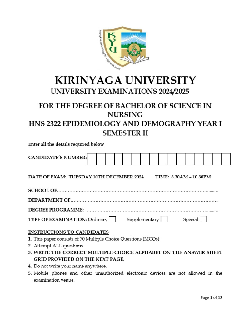 Hns 2322 Epidemiology and Demography Year I Semester II | PDF | Epidemiology | Mortality Rate