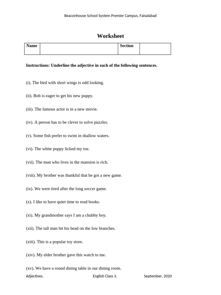 Adjective Worksheet - Activity 3 | PDF