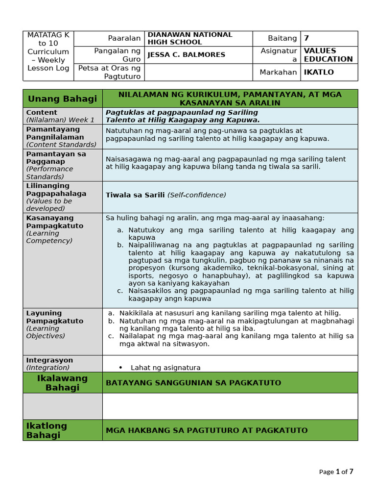 Lesson Plan Matatag Val. Ed. 7 q3 Jessa | PDF