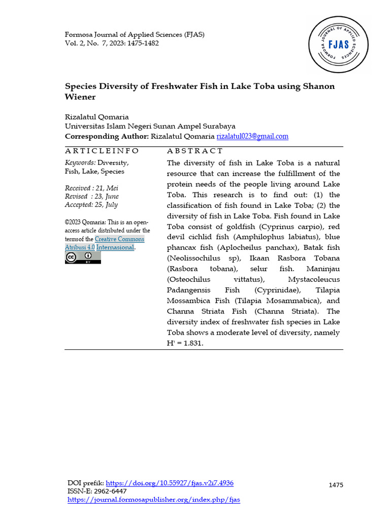 Species Diversity of Freshwater Fish Lake in Lake Toba Using Shanon ...