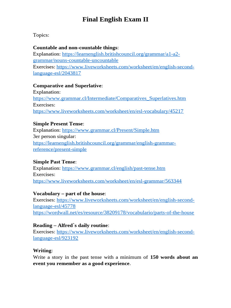 Final English Exam II - Temario | PDF
