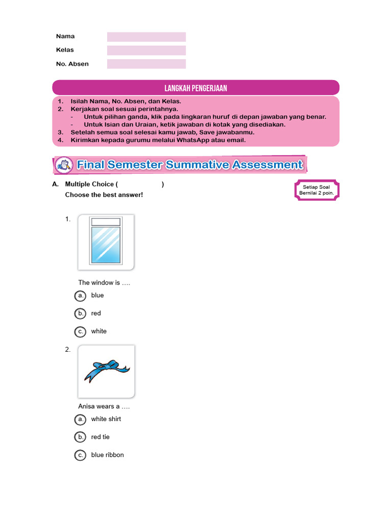 SD Bahasa Inggris 1 Final Semester Summative Assessment_MS | PDF