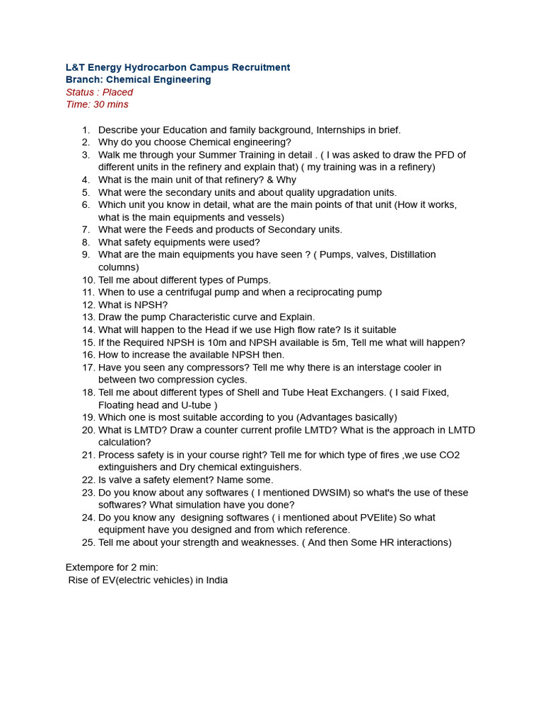 L&T Chemical Engineering Interview Guide | PDF