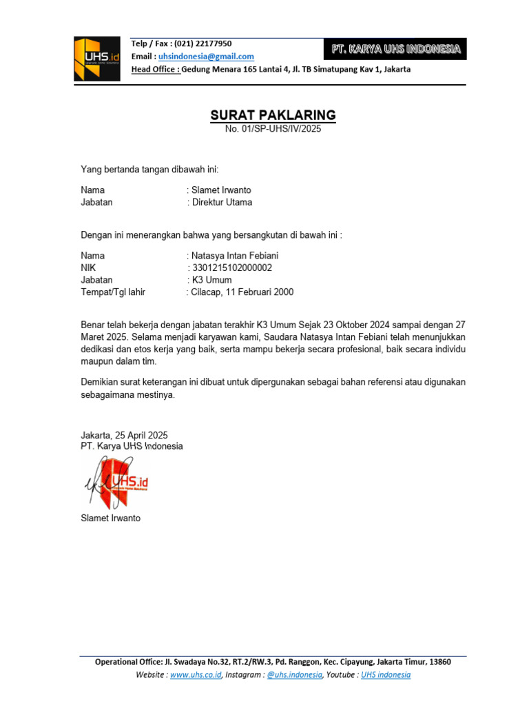 Surat Keterangan Kerja Natasya Intan Febiani | PDF