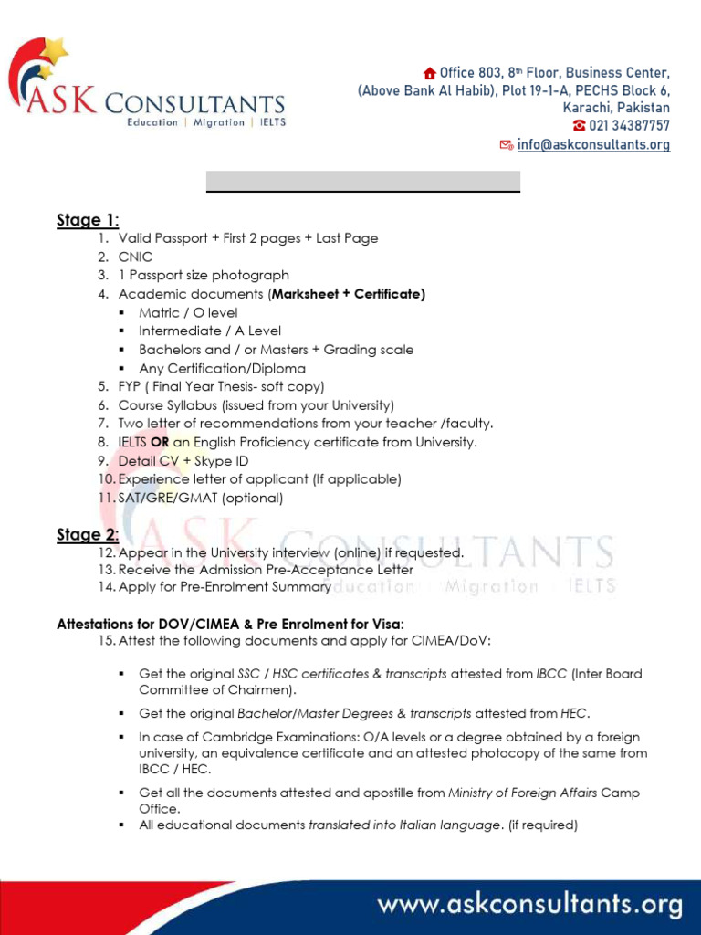 Italy Student Visa Document Checklist | PDF | Travel Visa | Educational ...