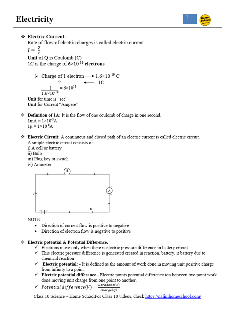 Electricity Notes NaliniHomeSchool | PDF | Voltage | Electric Current