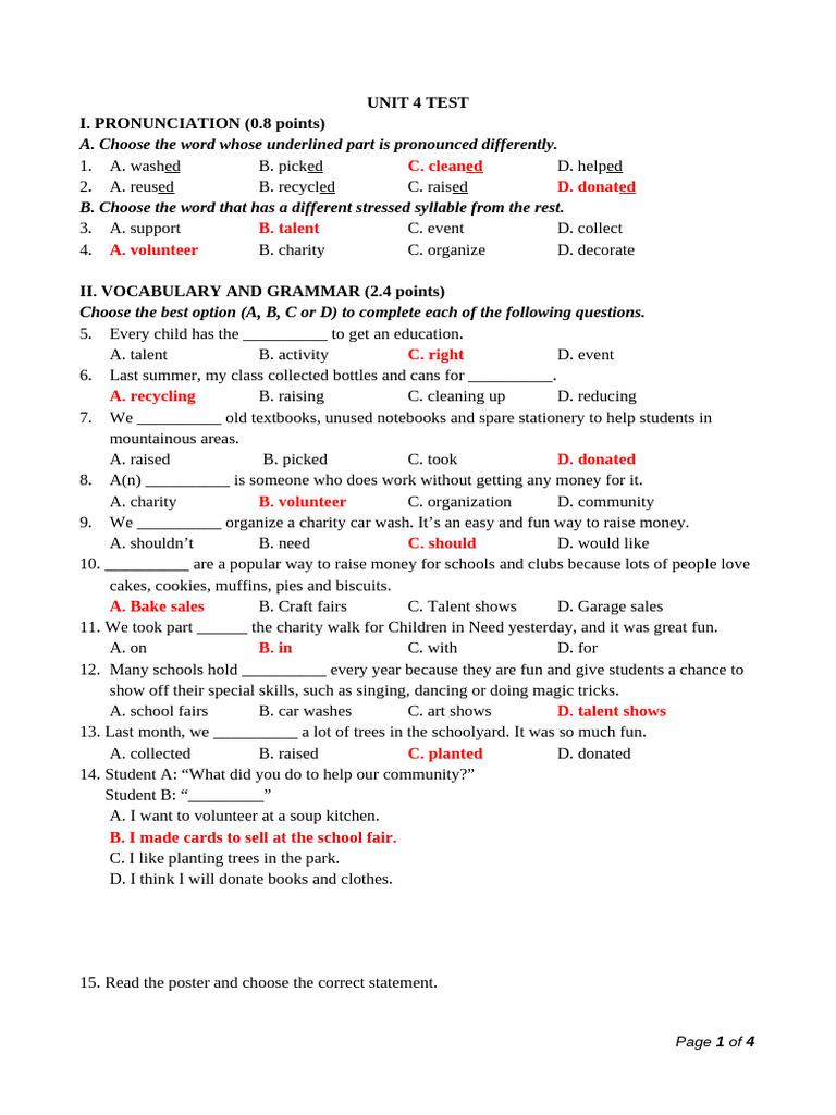 Unit 4 Test: Pronunciation & Vocabulary | PDF