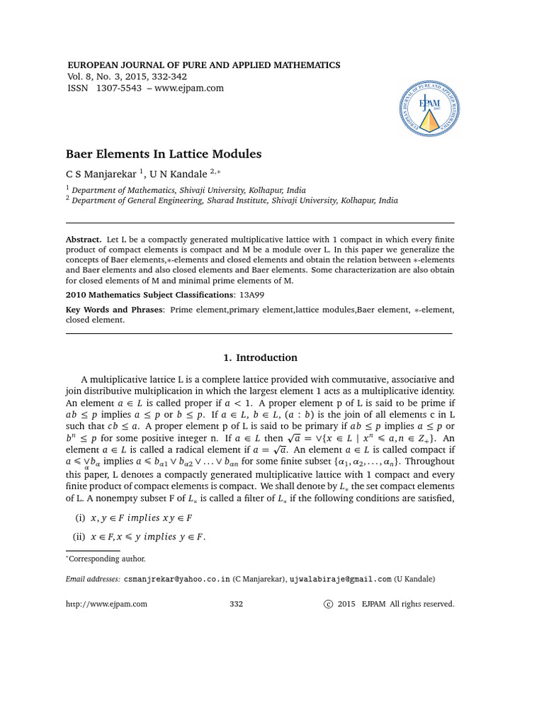 Baer Elements in Lattice Modules | PDF | Module (Mathematics) | Group ...