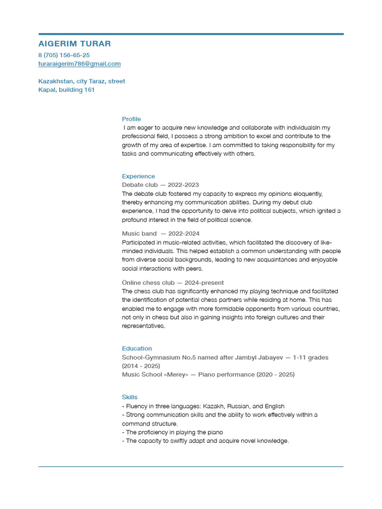 Aigerim Turar: Skills & Achievements Profile | PDF | Human ...