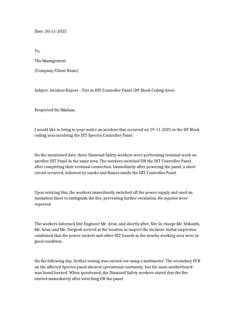 Fire Incident Report: DIT Controller Panel | PDF | Electric Power ...