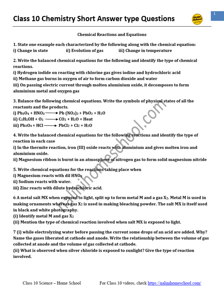 Class 10 Chemistry Q&A: Reactions & Equations | PDF | Chemical ...