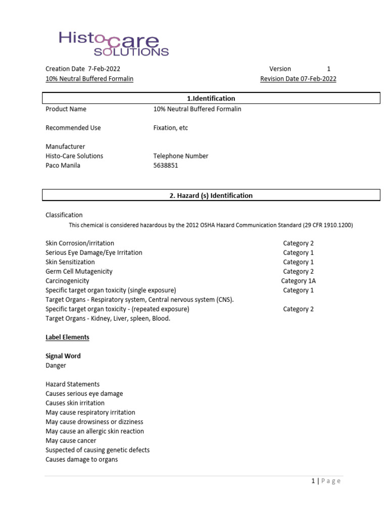 10% Neutral Buffered Formalin Safety Data | PDF | Formaldehyde ...