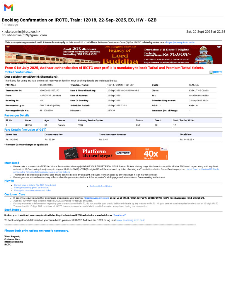 Gmail - Booking Confirmation on IRCTC, Train_ 12018, 22-Sep-2025, EC ...