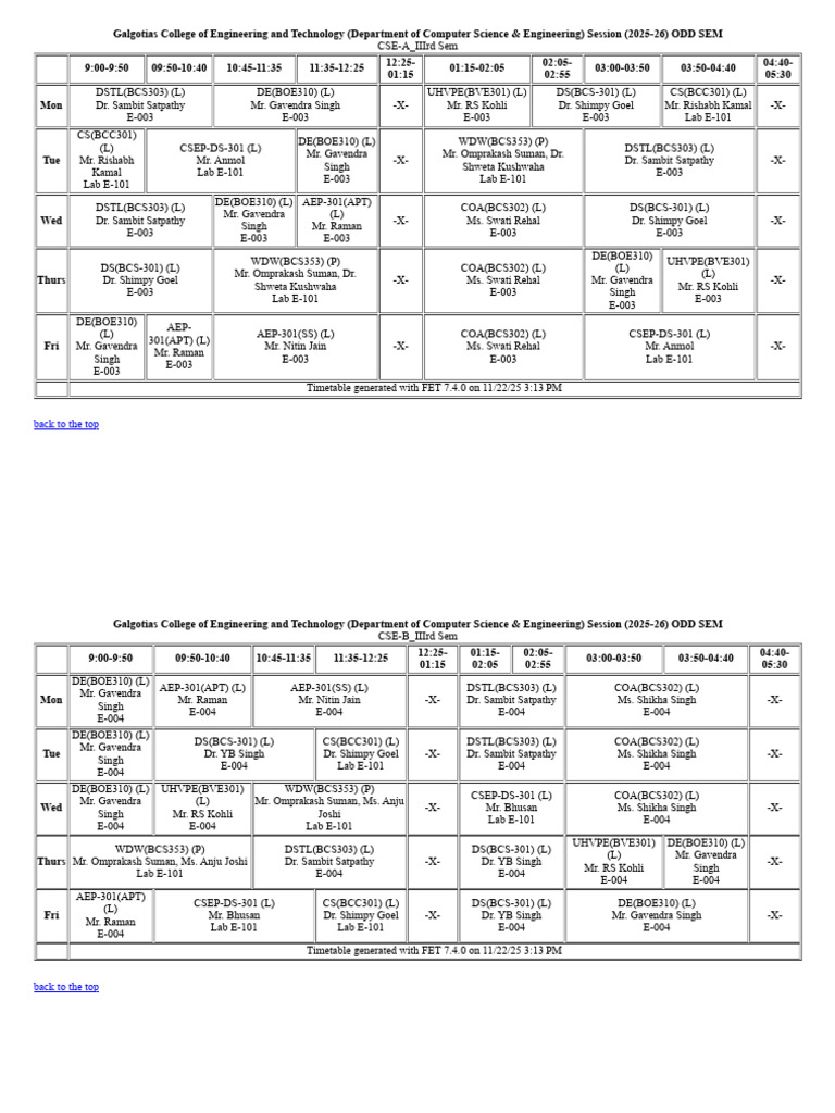 GCET CSE-3rd Sem Time Table Wef 24-11-25 Session (2025-26) | PDF