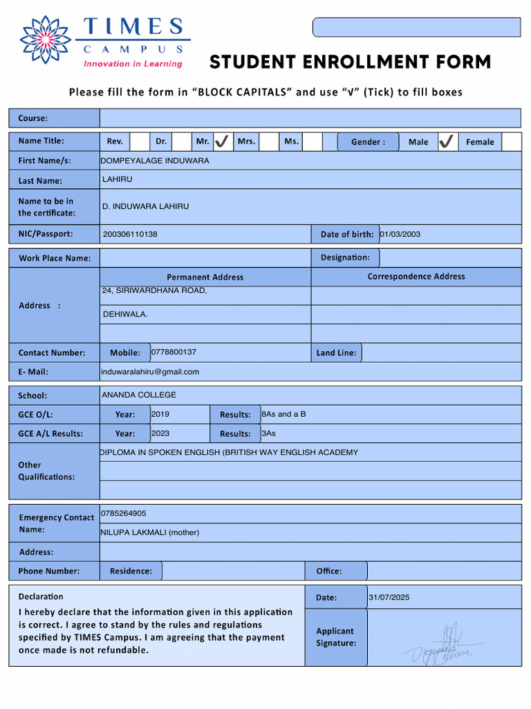 Student Enrollment Form | PDF