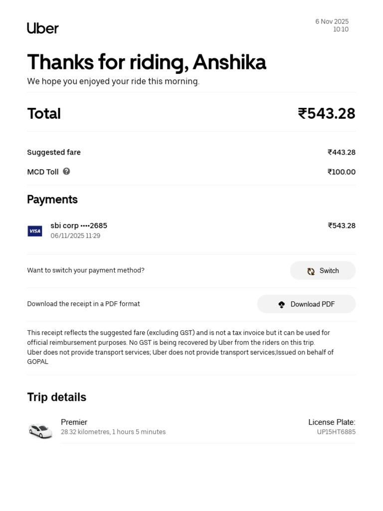 Uber Trip Receipt for Anshika | PDF