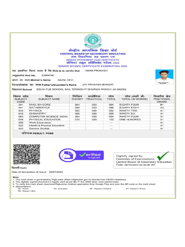 12th Marksheet Digilocker Aman Prakash | PDF