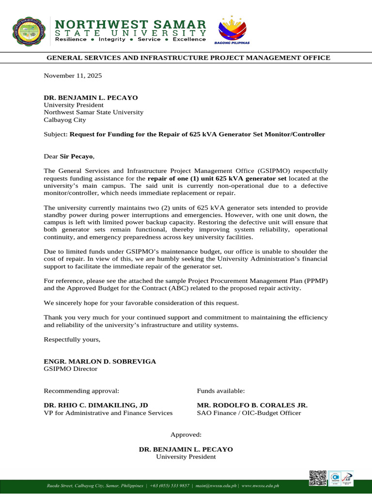 Funding Request for Generator Repair | PDF