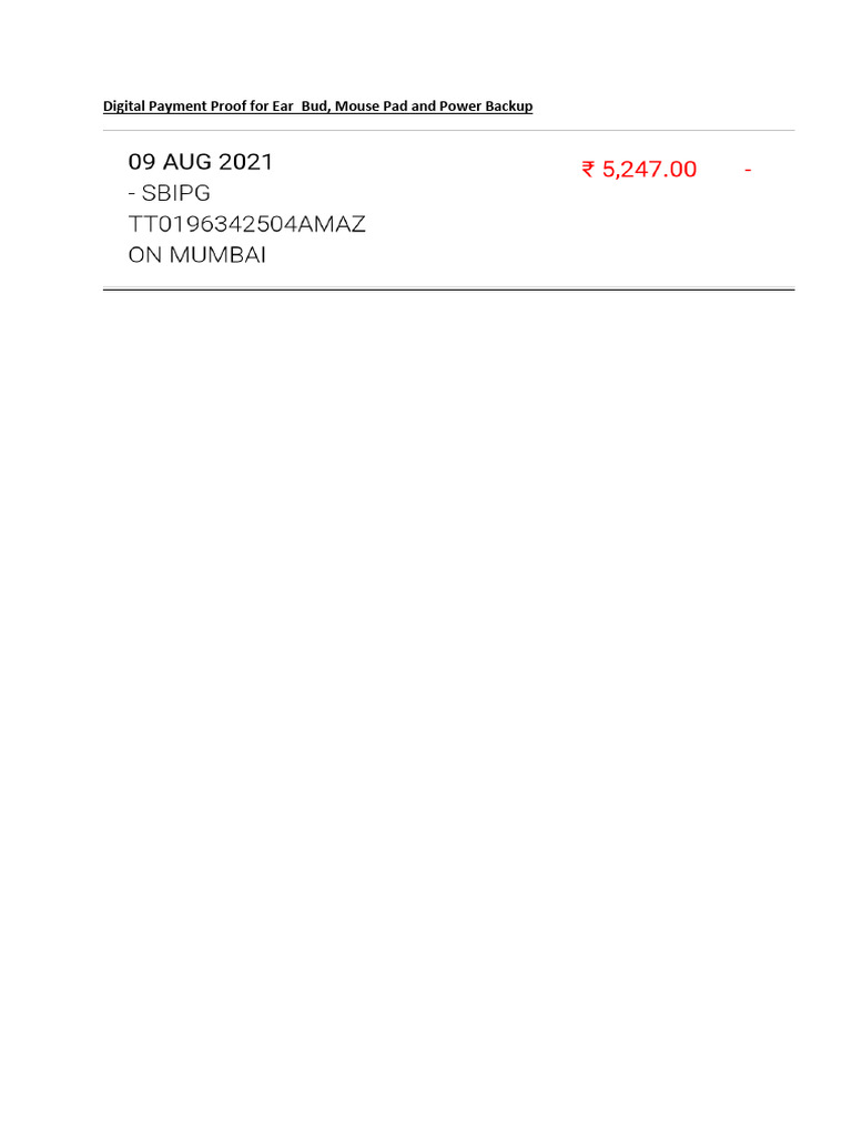 Digital Payment Proof For EarBud Mouse Pad Power Backup | PDF