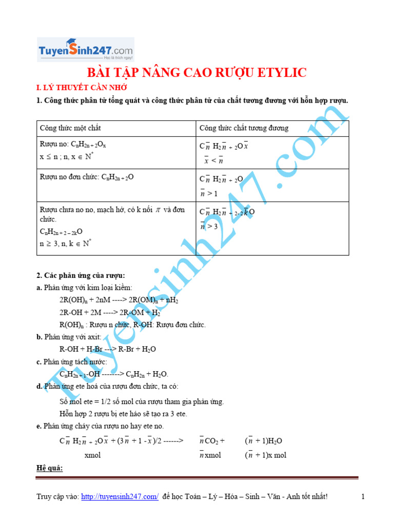 Bai Tap Nang Cao Ve Ruou Etylic Loi Giai Chi Tiet | PDF