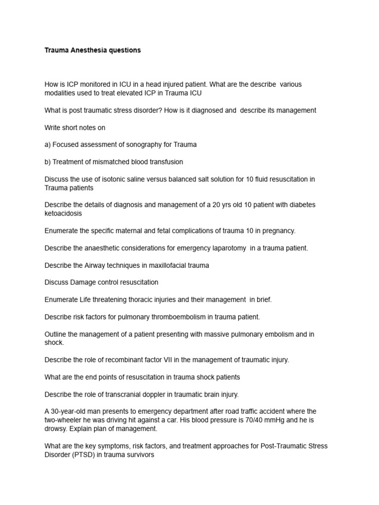 Trauma Anesthesia Questions | PDF | Major Trauma | Shock (Circulatory)