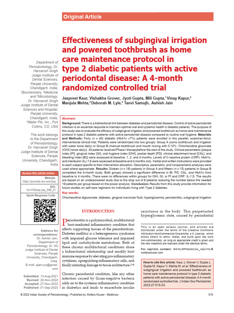 Subgingival Irrigation in Diabetic Patients | PDF | Periodontology ...
