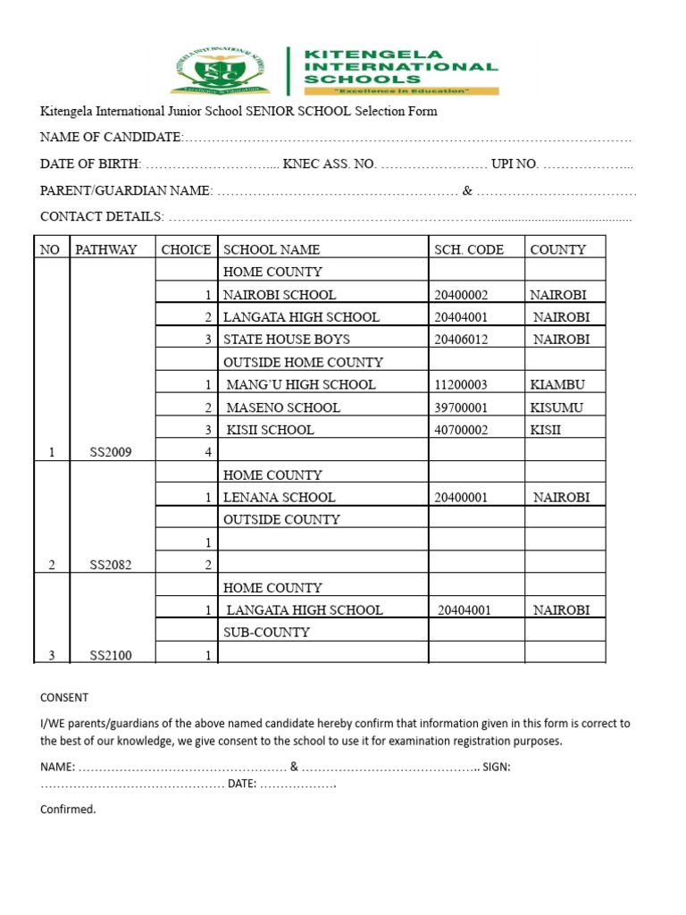 Kitengela School Senior Selection Form | PDF