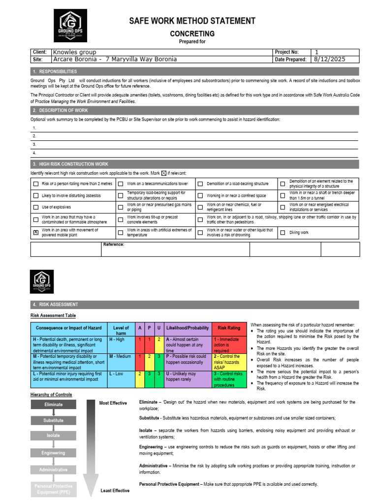 SWMS Concrete & Excavation | PDF | Personal Protective Equipment | Risk