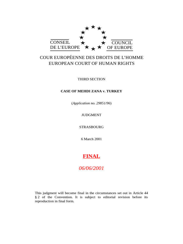 Case of Mehdi Zana v. Turkey | PDF | Military Justice | Judgment (Law)