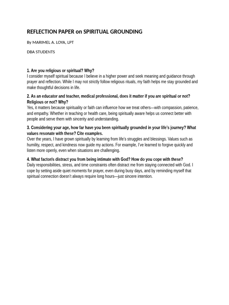 Reflection Paper On Spiritual Grounding | PDF
