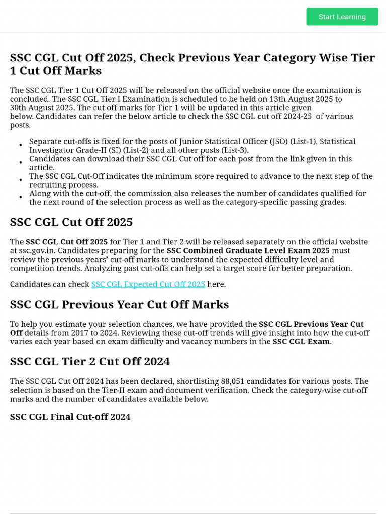 SSC CGL Cut Off 2025, Check Previous Year Category Wise Tier 1 Cut Off ...