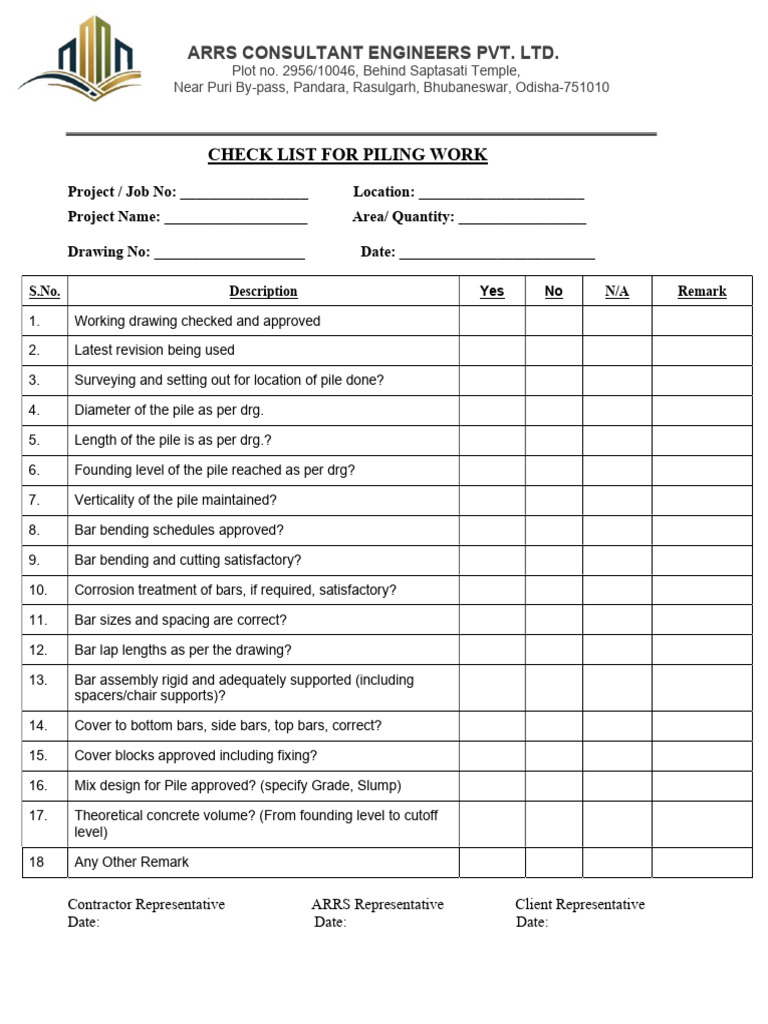 Piling Work Checklist Template | PDF