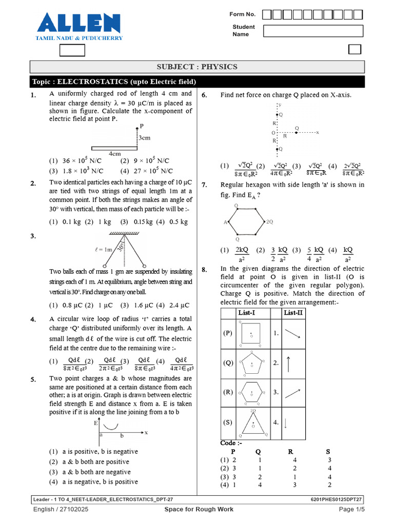 Electrostatics Practice Questions | PDF | Rotation Around A Fixed Axis ...
